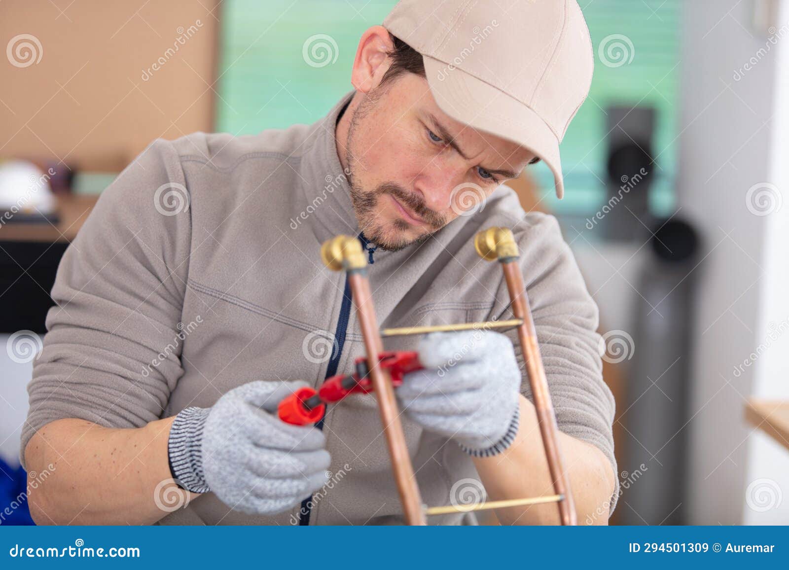Handyman Working with Copper Pipe Stock Image - Image of overalls ...