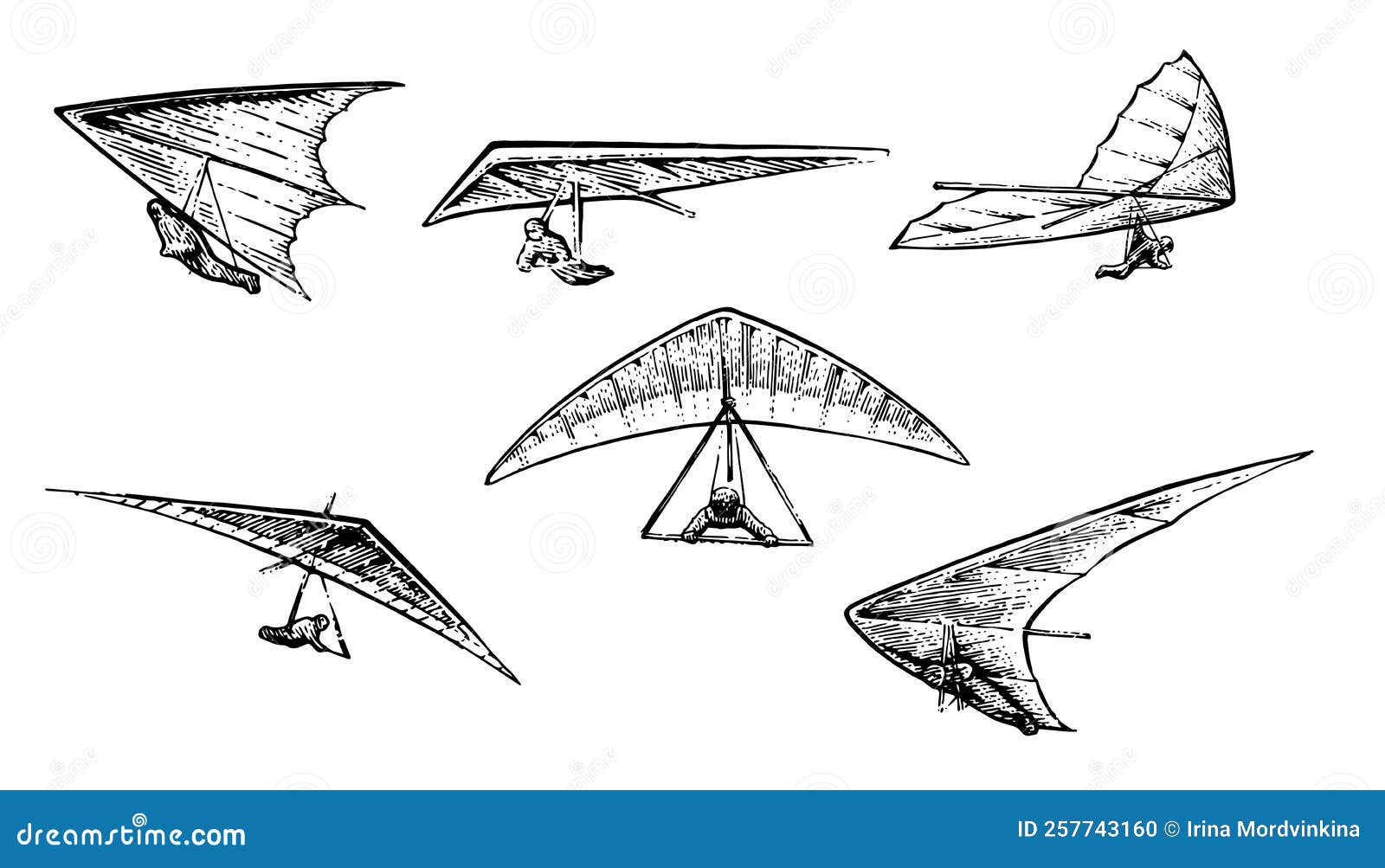 Hang Glider Flying. Set of Objects. Hand Drawn Outline Sketch. Isolated ...