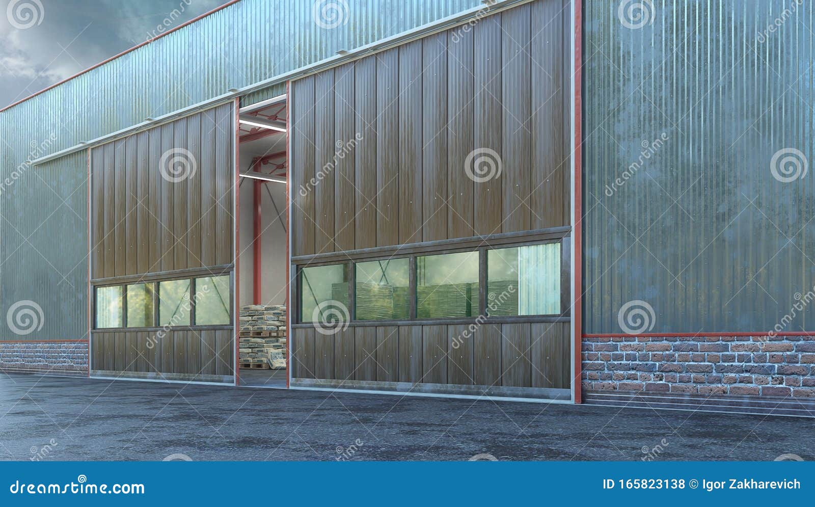 Hangar Exterior with Sectional Gate. Stock Illustration - Illustration ...