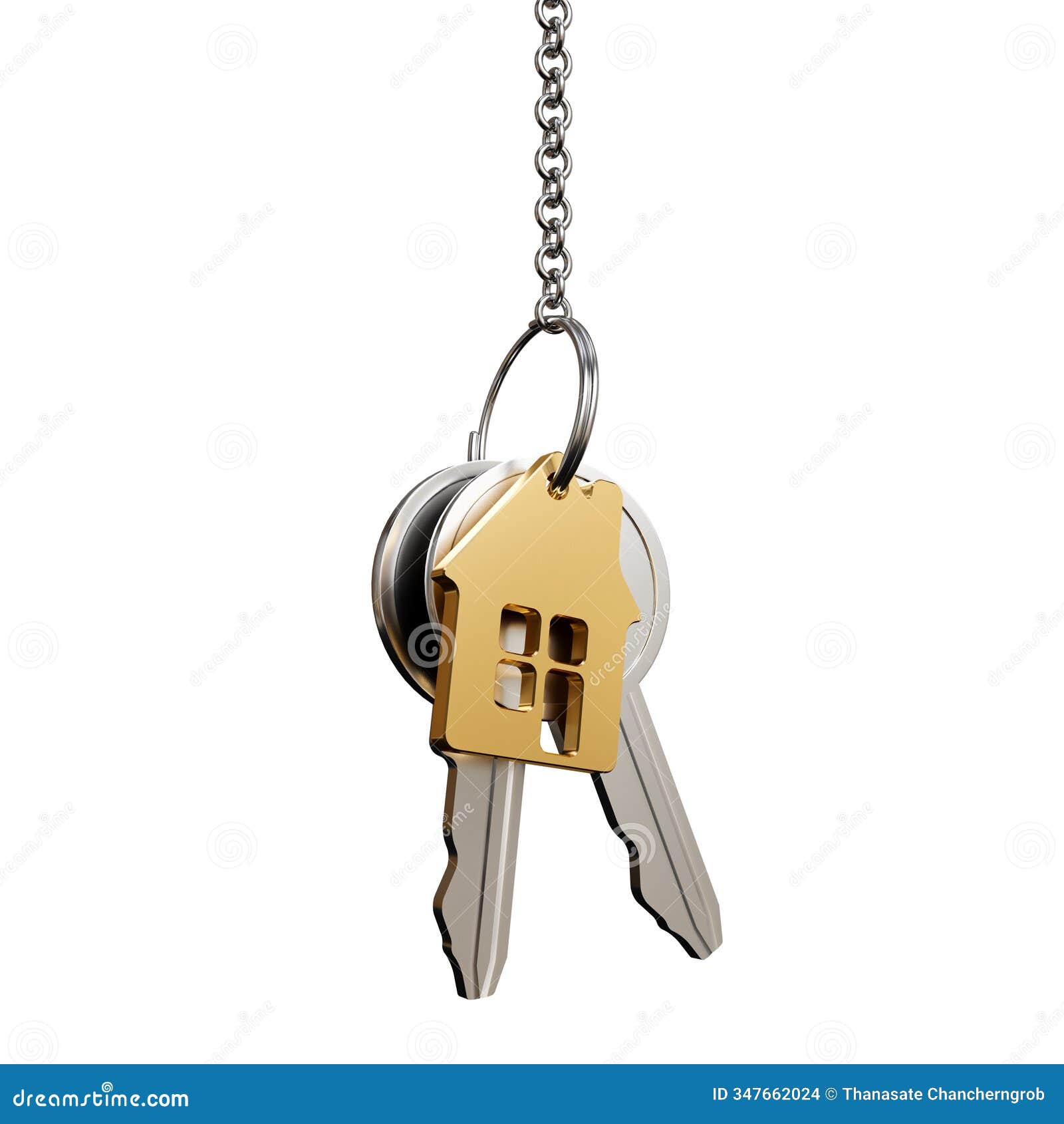 Hanged Metallic Key with Gold Keychain in Shape of House Isolated on ...