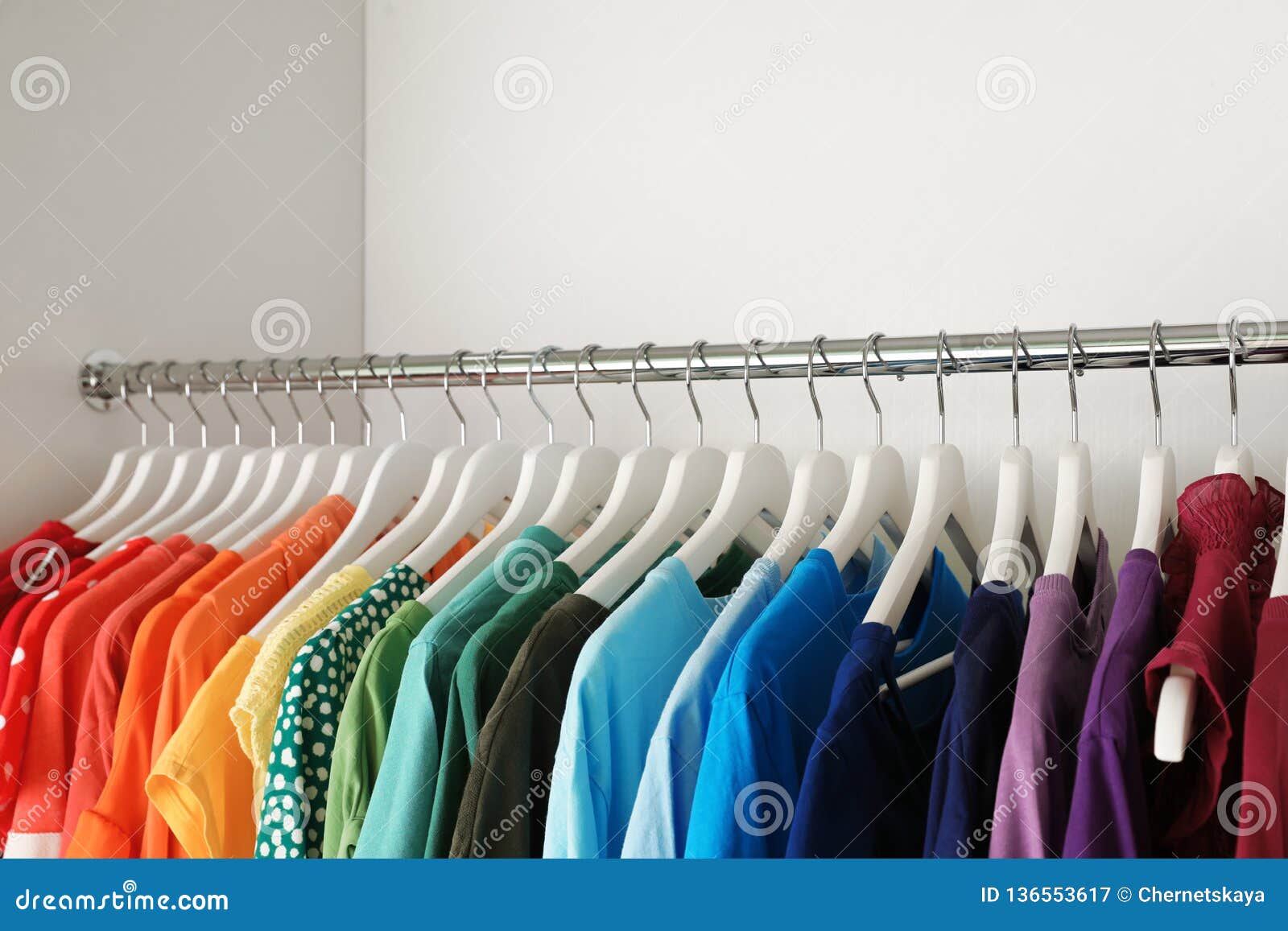 Hangers with Different Colorful Clothes on Rack Stock Image - Image of ...