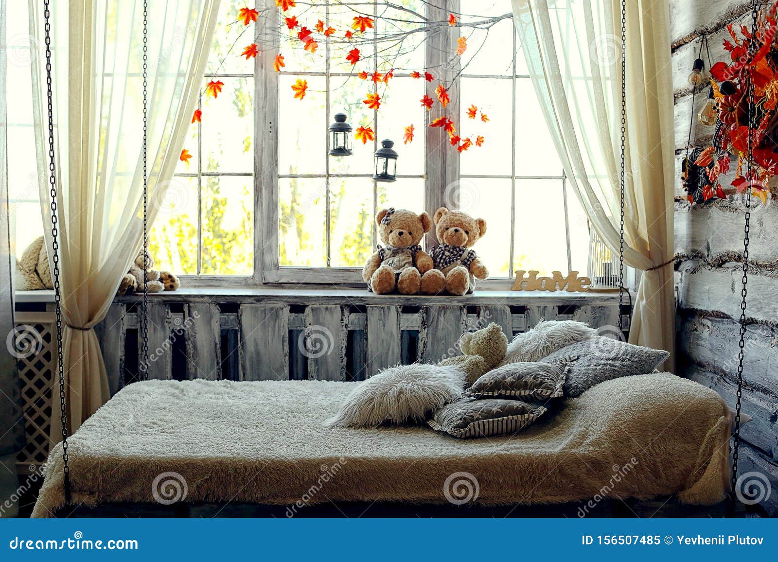 Hanging Bed on Chains, Stylish Cute Bedroom Interior Stock Image ...