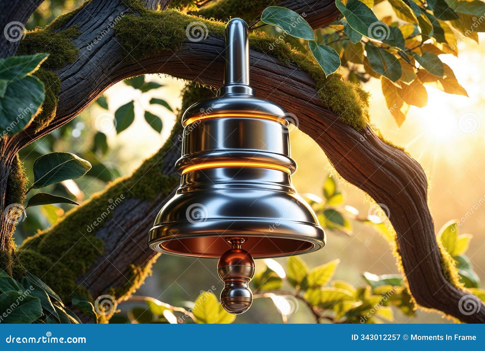 Hanging Bell on a Tree with Green Moss and Sunbeams Stock Illustration - Illustration of hanging ...