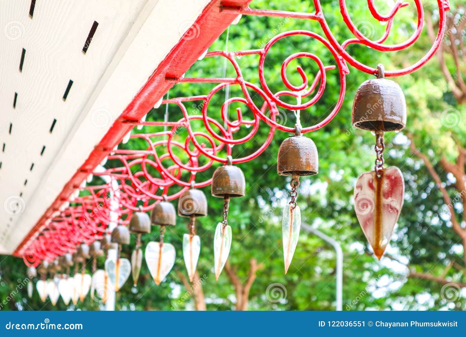 Hanging Bells on Red Wire Design and Water Drop of Rain Fall Stock ...