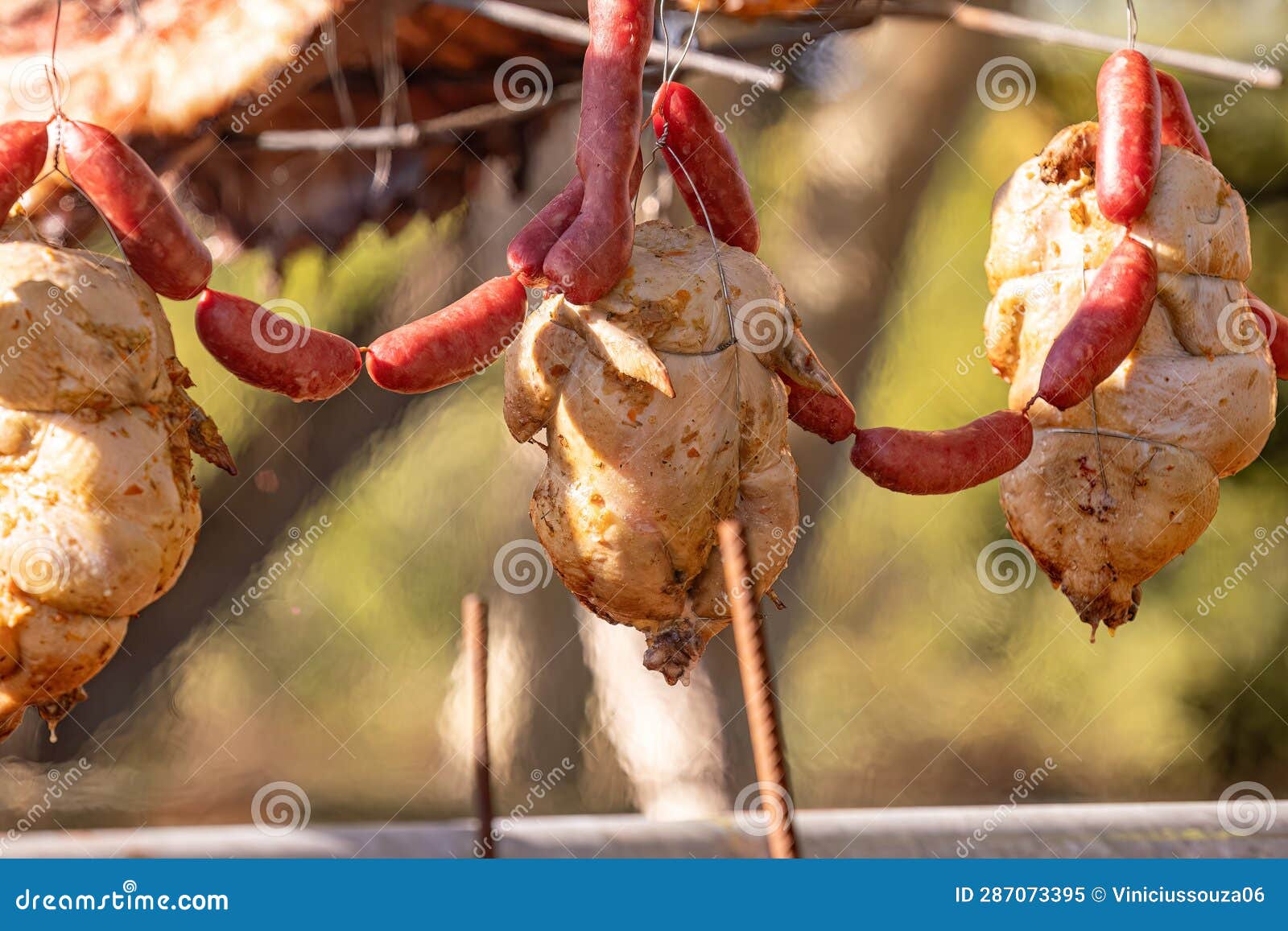 Hanging Chicken Meat Roasting Outdoors Stock Image - Image of close ...
