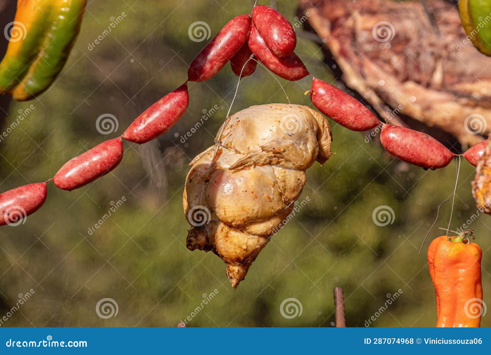 Hanging Chicken Meat Roasting Outdoors Stock Photo - Image of dinner ...