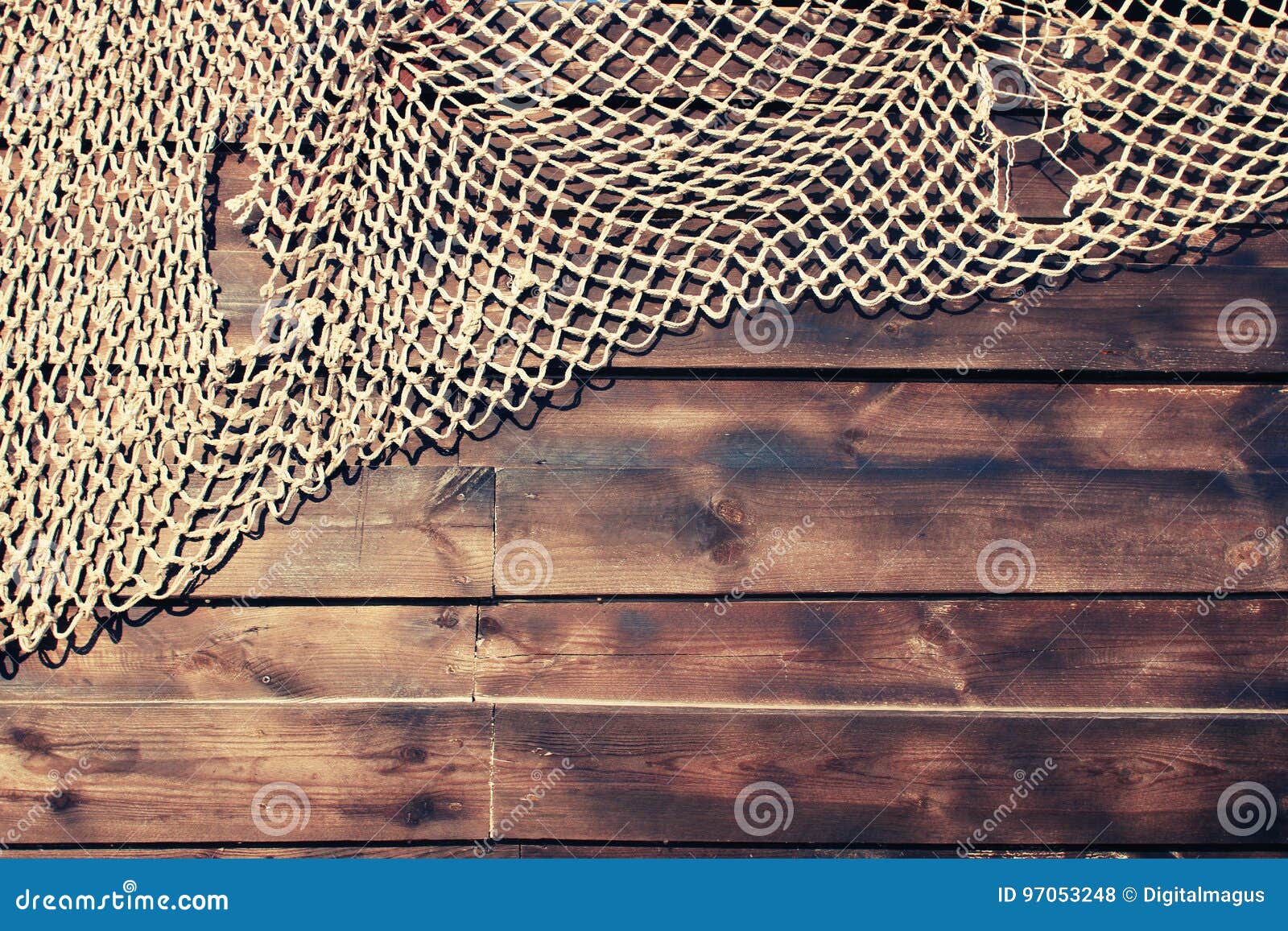 Hanging Fishnet on Wood Background Stock Photo - Image of decorative ...