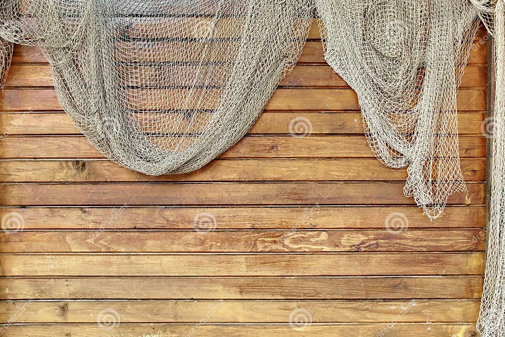 Hanging Fishnet on Wood Wall Stock Photo - Image of rural, panel: 46196312
