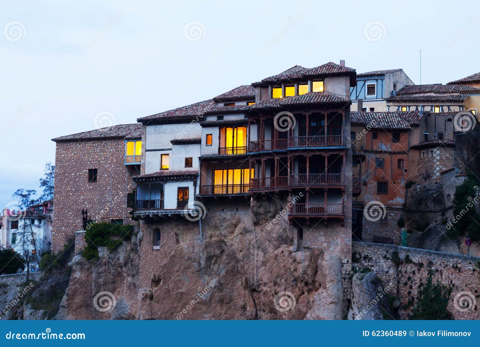 Hanging Houses on Rocks in Twilight. Cuenca Stock Image - Image of dusk ...