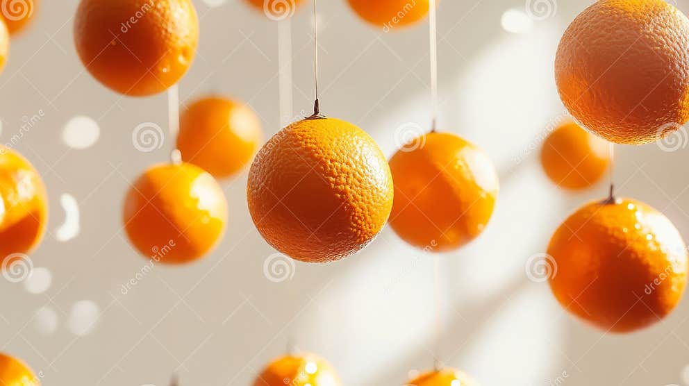 Hanging Oranges in Sunlight, Creative Fruit Display. Abstract Art and ...