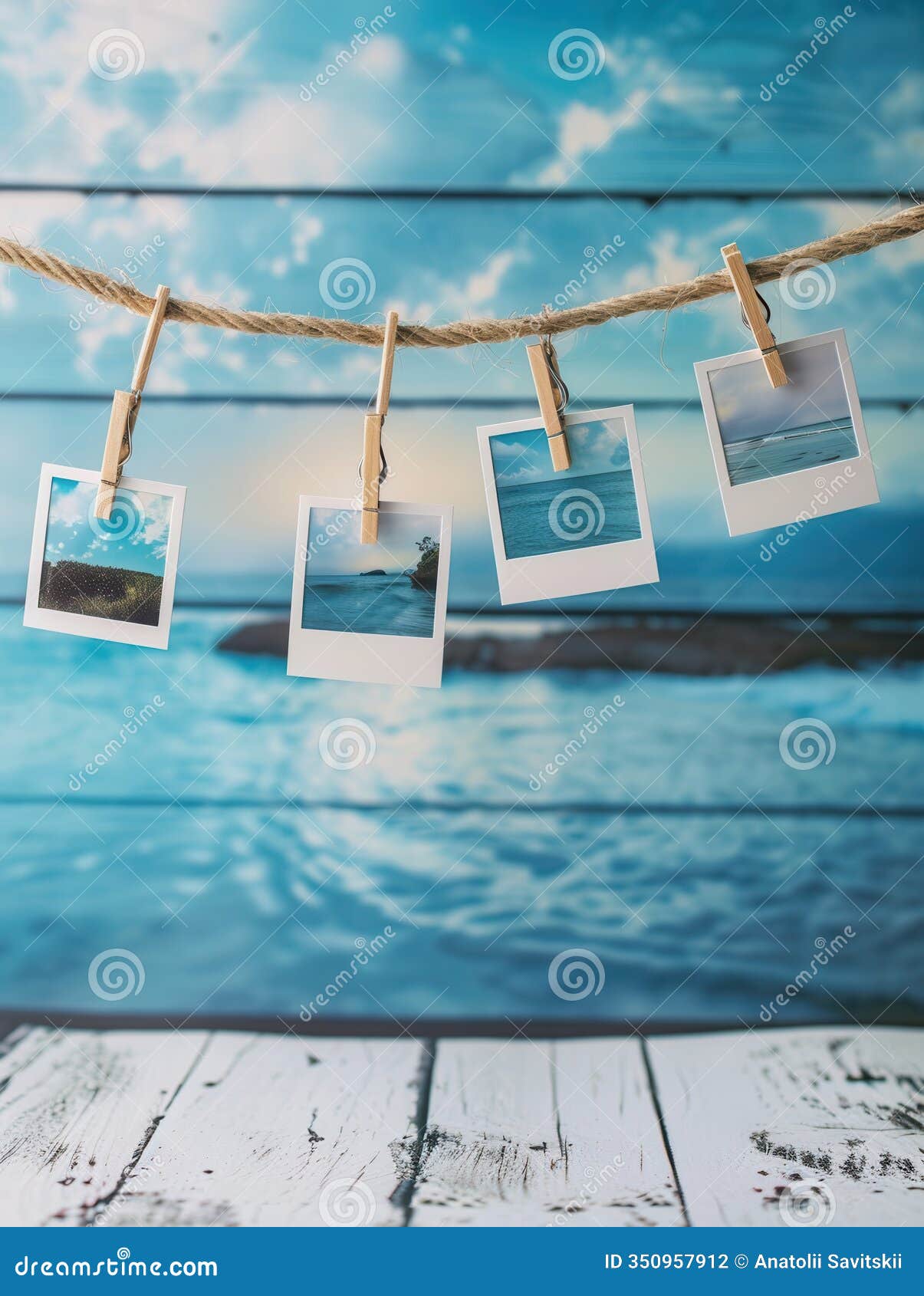 Hanging Polaroid Pictures on a String Against a Serene Beach Backdrop ...