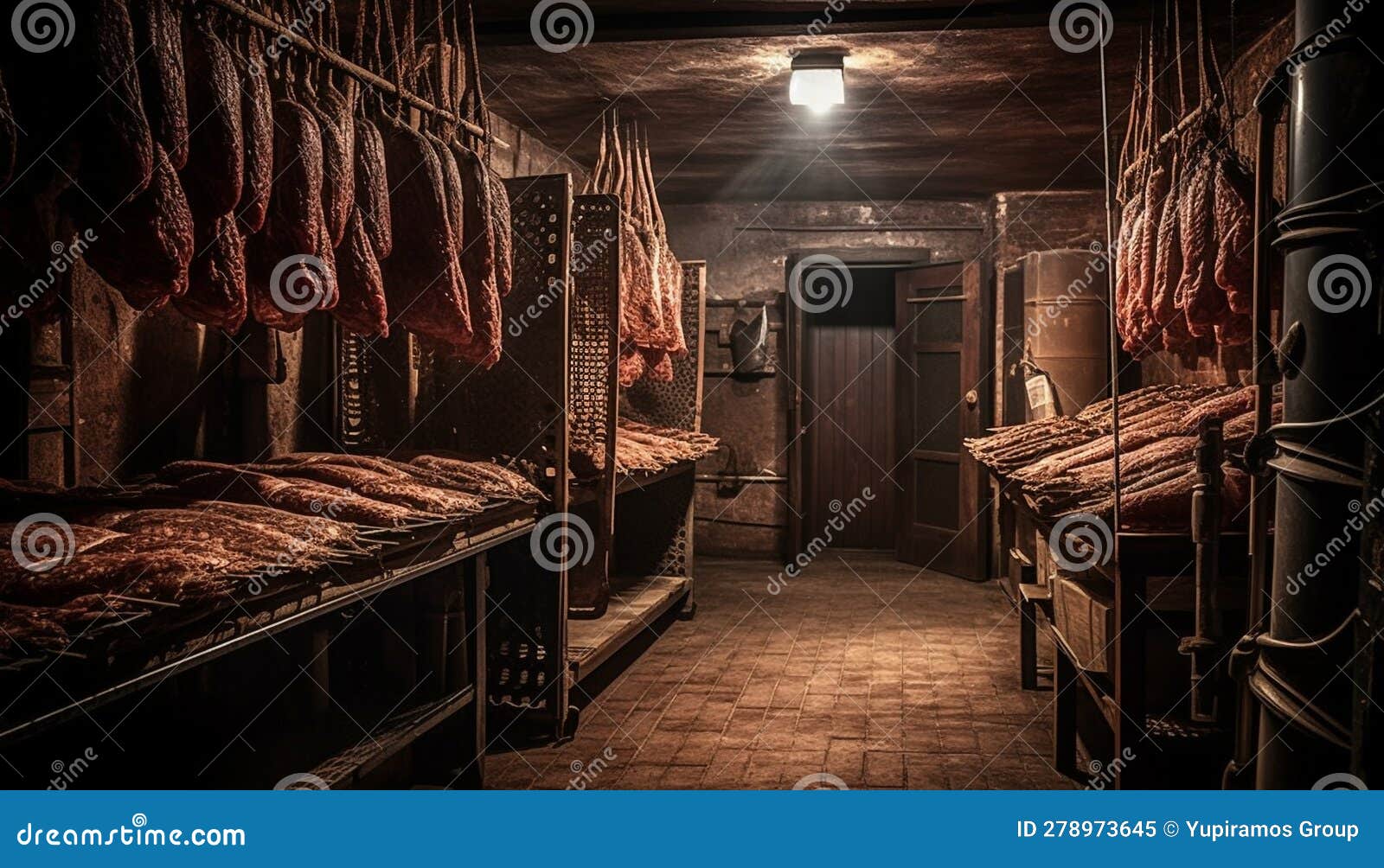 Hanging Pork and Beef in a Rustic Butcher Shop Workshop Generated by AI ...
