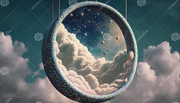 Hanging Round Mirror with Clouds and Sky. 3D Rendering Stock ...