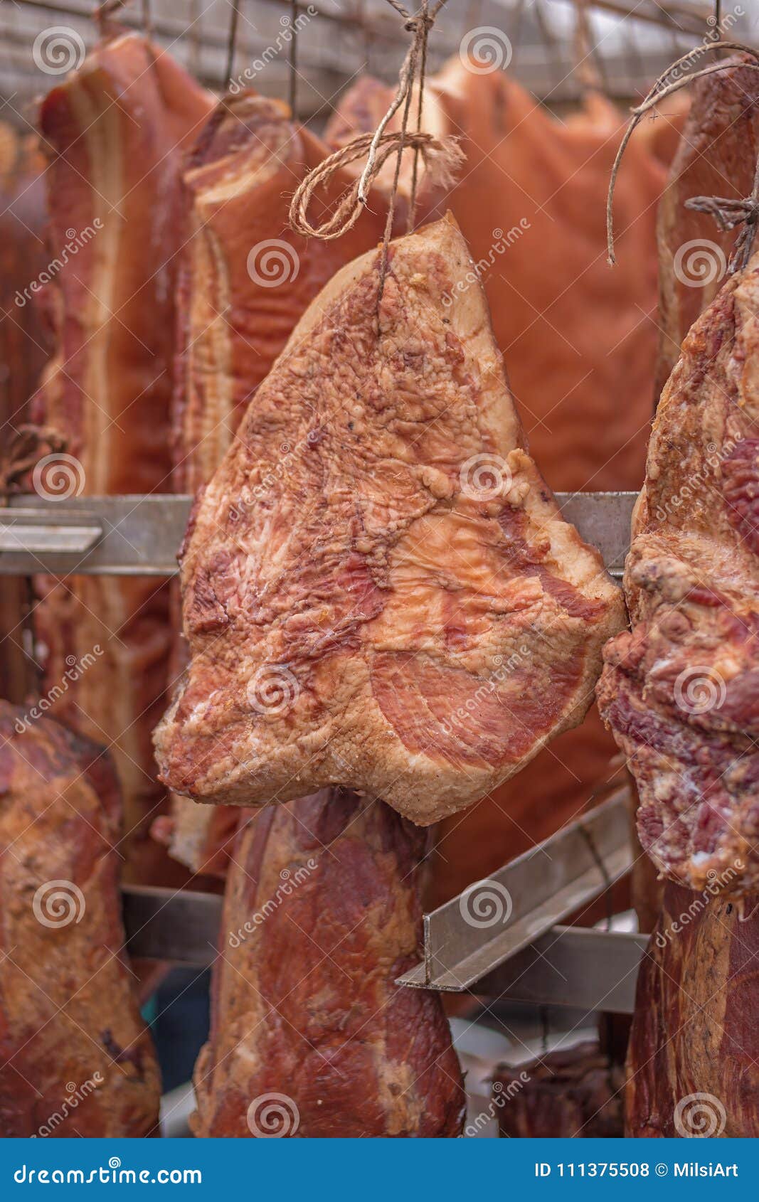 Hanging smoked pork bacon stock photo. Image of meat - 111375508