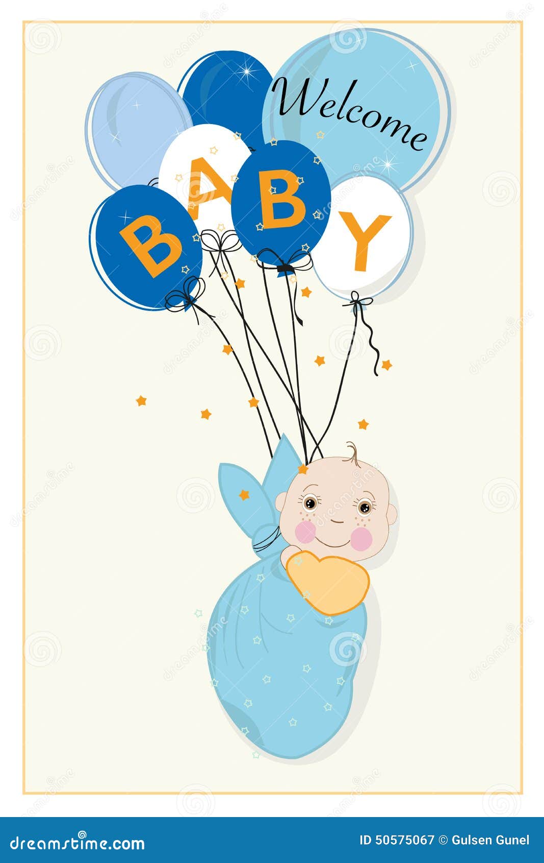 Hanging Swaddle Baby Boy Arrival Card with Balloons Stock Vector ...
