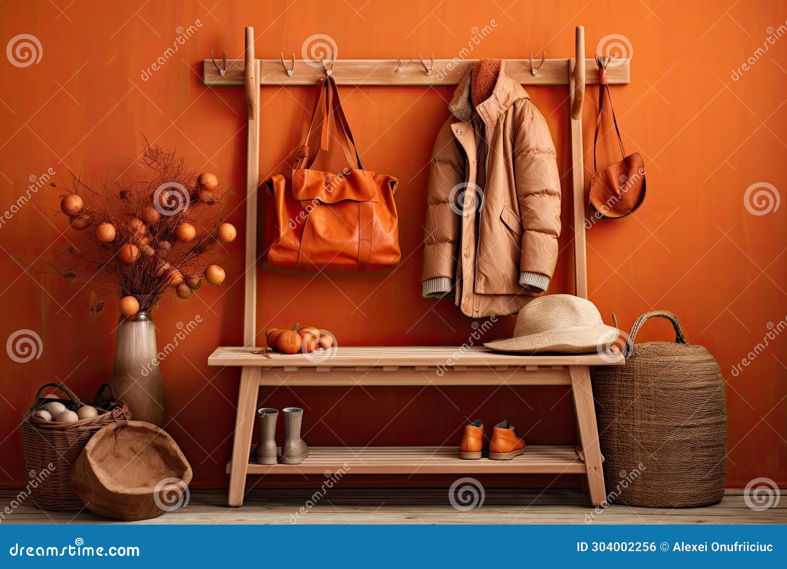 Hanging Wall Rack and Coats on Bench Stock Illustration - Illustration ...