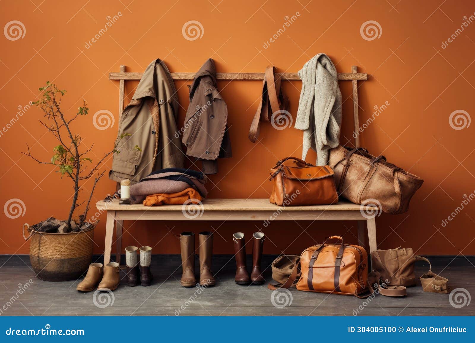Hanging Wall Rack and Coats on Bench Stock Photo - Image of arrangement ...