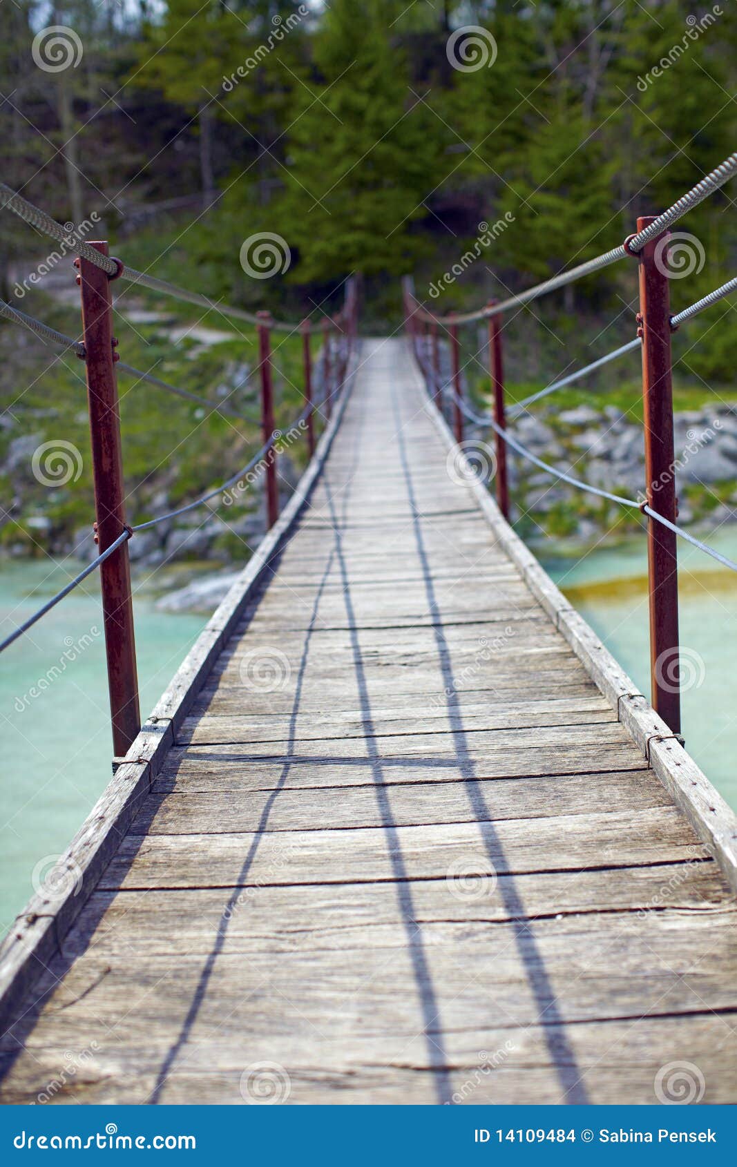 Hanging Wooden Bridge Over a River Stock Photo - Image of bridge ...