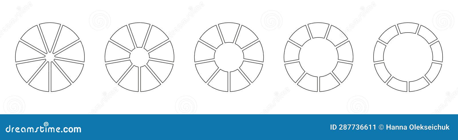Donut Charts Set. Circle Diagrams Divided In 8 Sections In Flat And ...