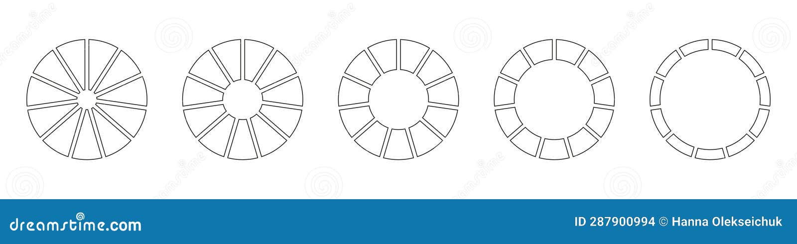 Donut Charts Set. Circle Diagrams Divided In 8 Sections In Flat And ...