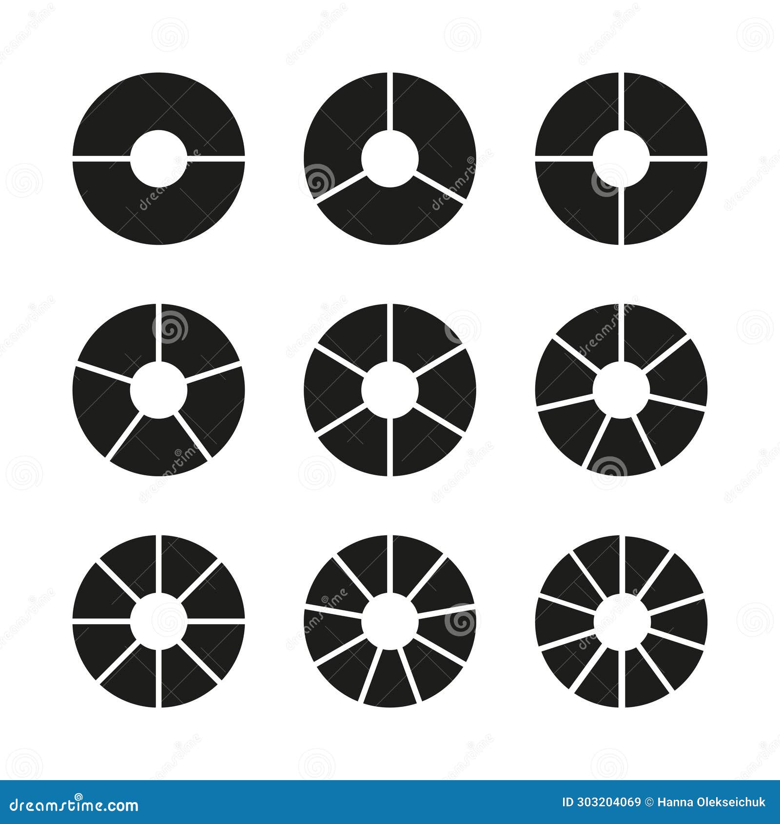 Circles Division on Equal Parts. Wheel Divided Diagrams Segments. Set ...