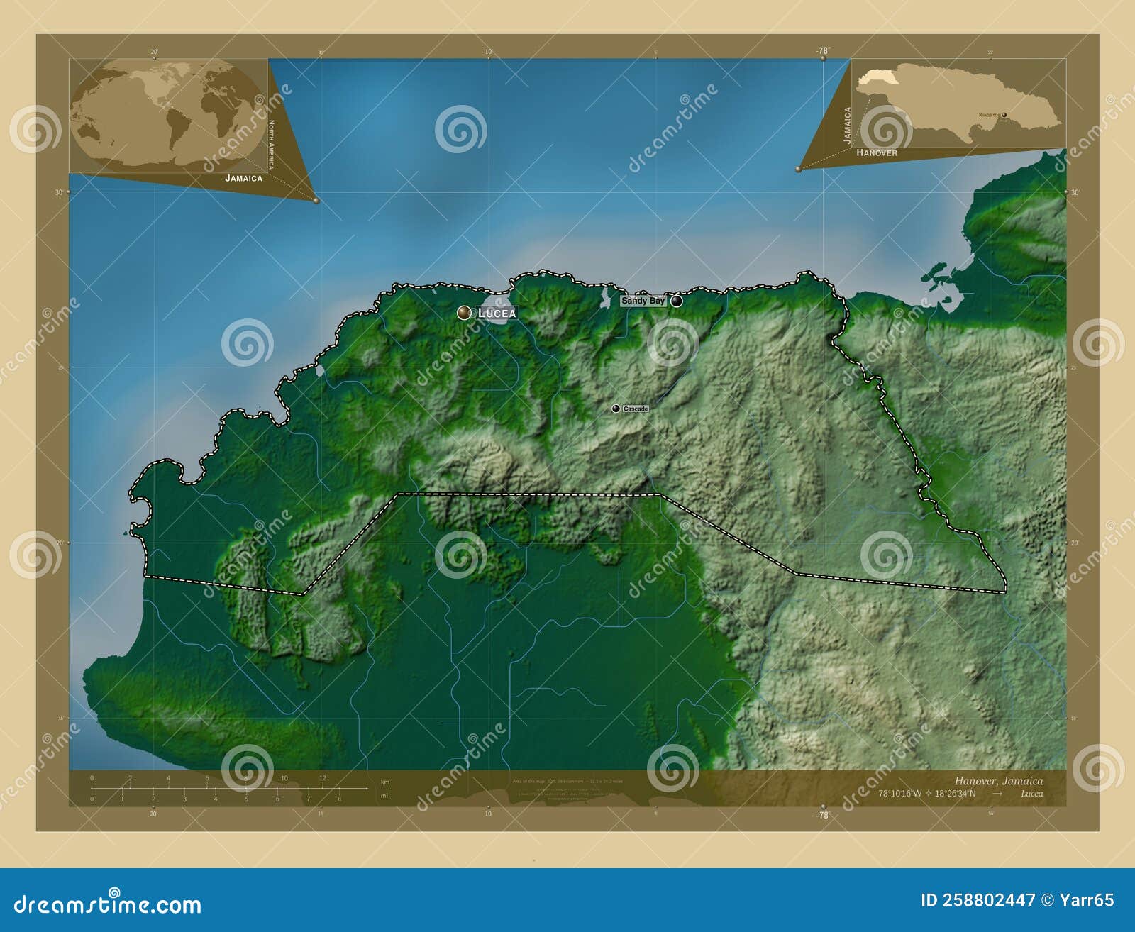 Hanover, Jamaica. Physical. Labelled Points of Cities Stock Image ...