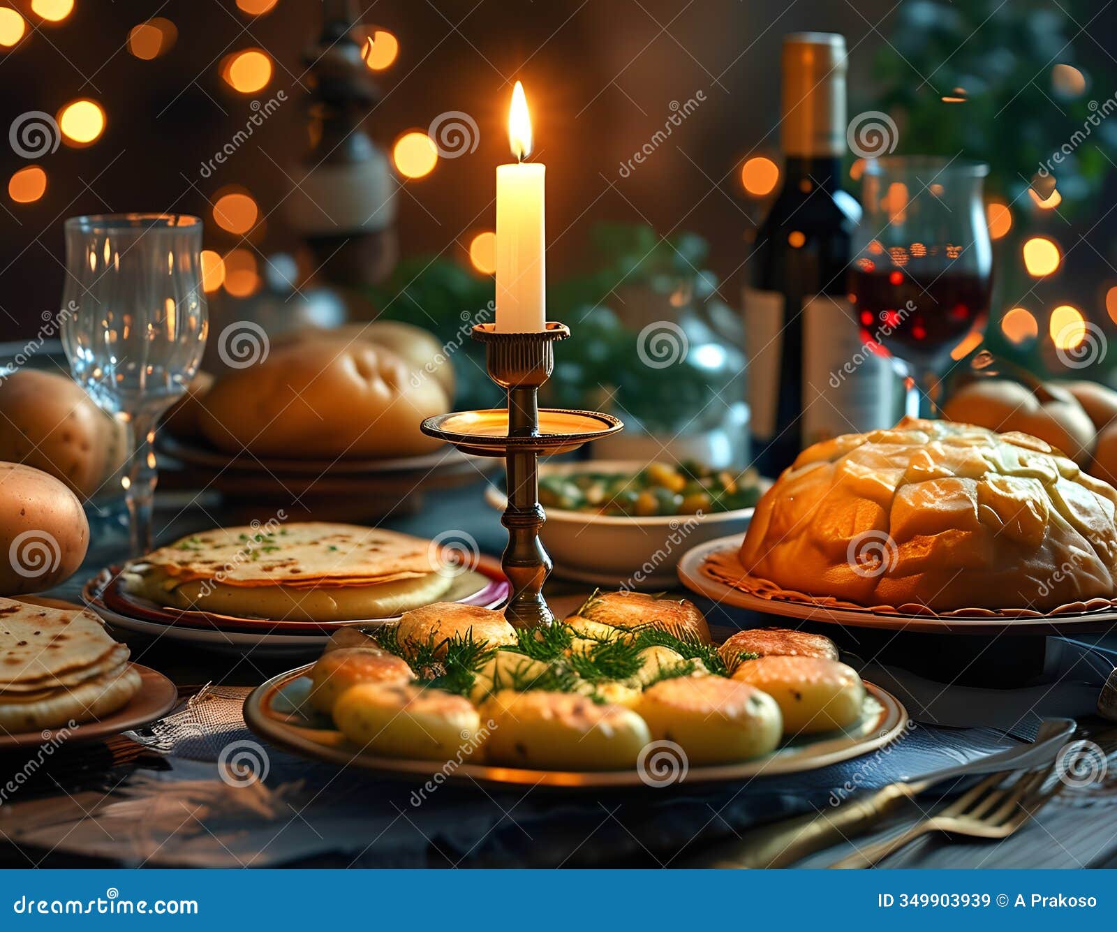 Hanukkah Dinner Table with Lit Menorah and Traditional Dishes Stock ...