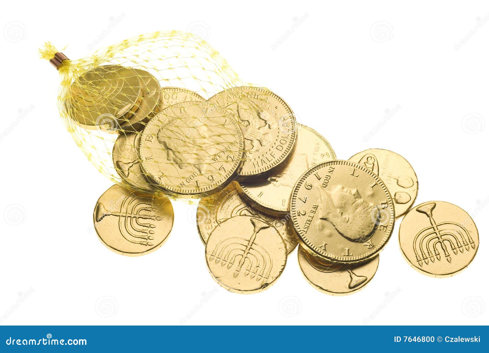 Hanukkah Gelt Isolated on White Stock Photo - Image of menorah, hebrew ...