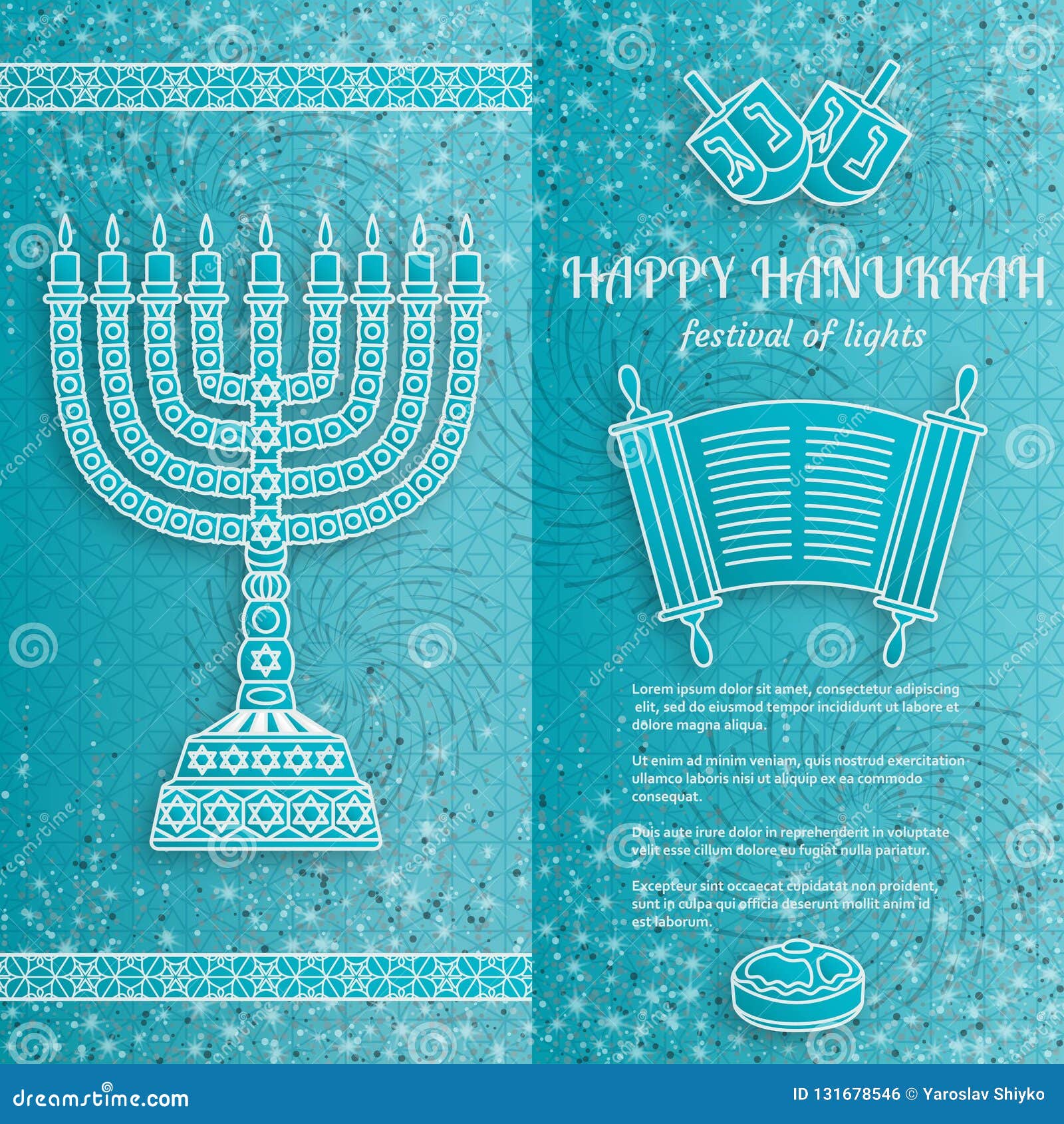 Hanukkah Greeting Card with Torah, Menorah and Dreidels. Turquoise ... Hanukkah Greeting Card with Torah, Menorah and Dreidels. Turquoise ...