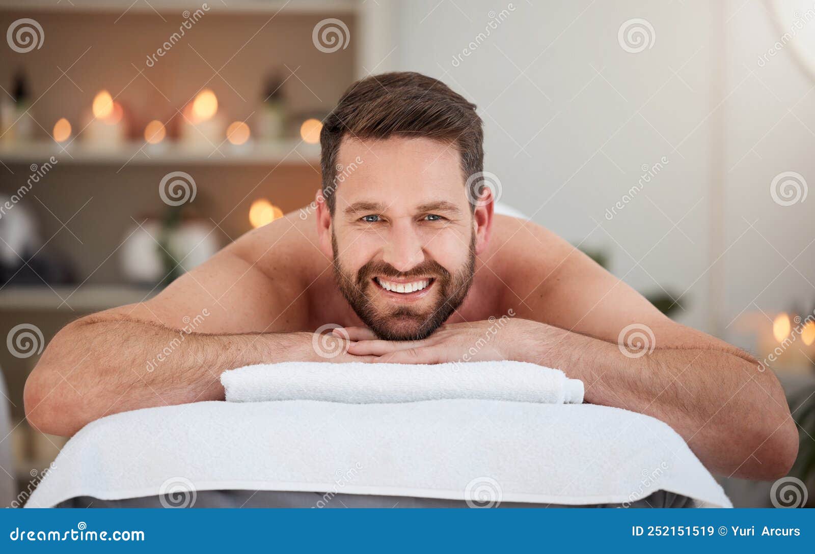 Happiness is Massage Day. a Male Relaxing on a Bed in a Spa. Stock ...