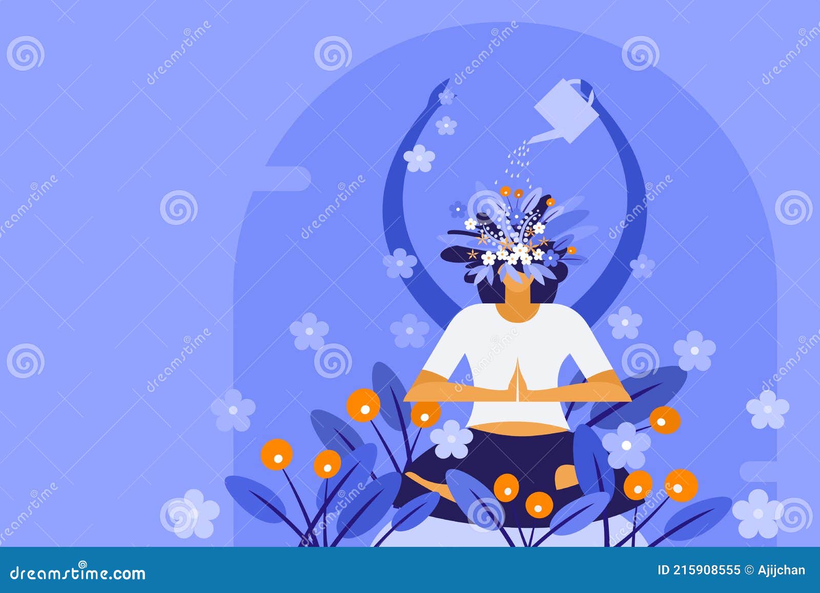 Woman Watering the Plants Growing on Her Own Head while Meditating ...