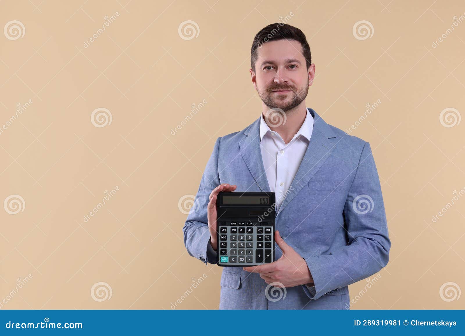 Happy Accountant with Calculator on Beige Background. Space for Text ...