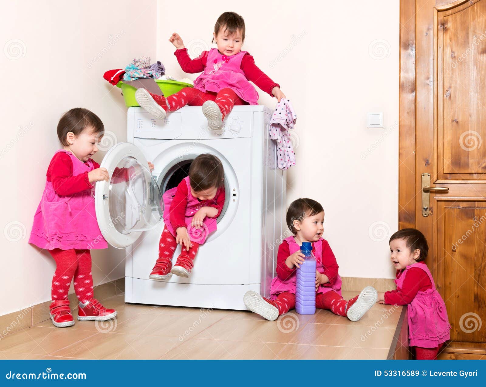 Happy Active Little Child Using Washing Machine Stock Image - Image of ...