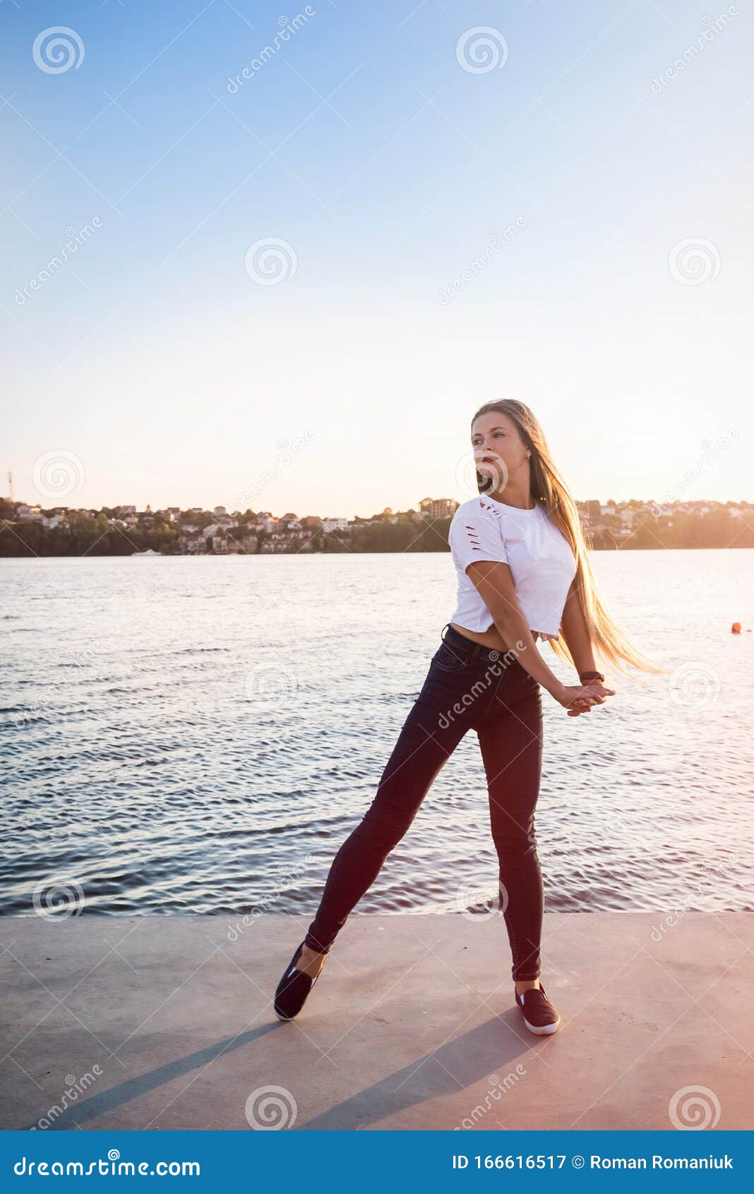 Happy Active Woman Posing at Pier on Sunrise Stock Image - Image of ...