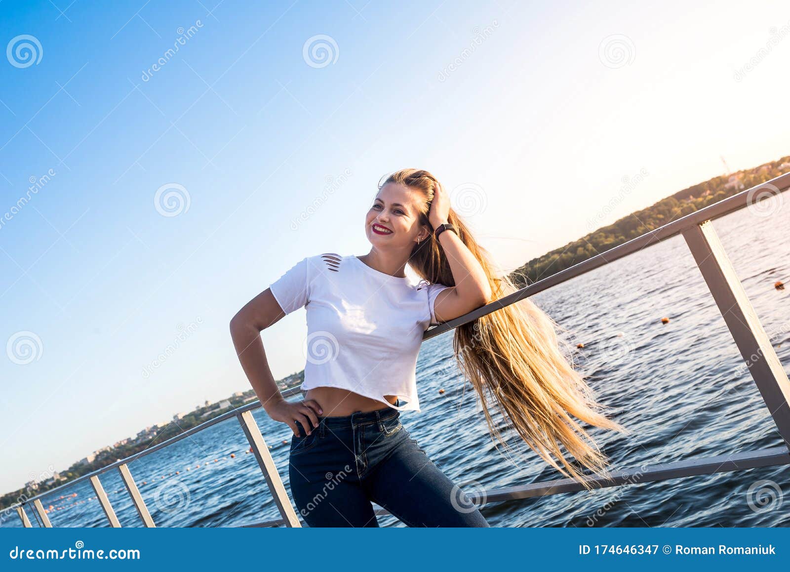 Happy Active Woman Posing at Pier on Sunrise Stock Image - Image of ...