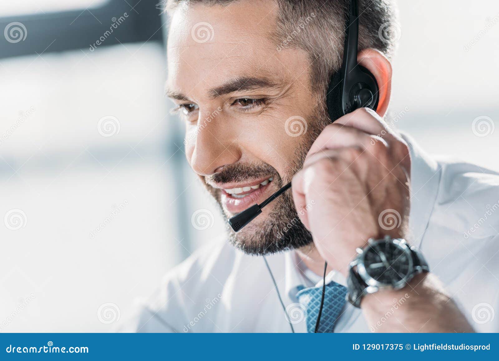 Happy Adult Support Hotline Worker with Microphone Stock Image - Image ...