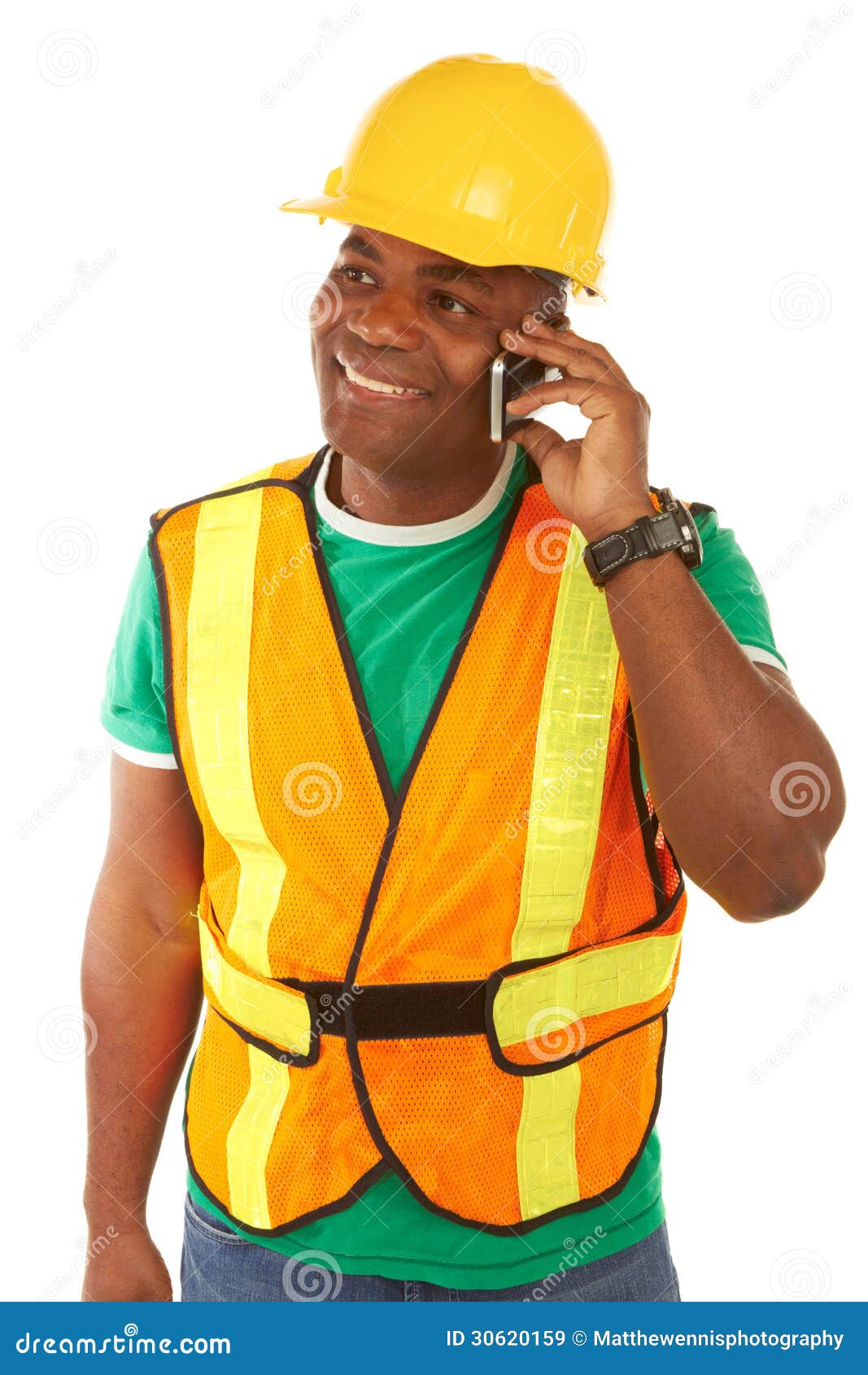 Happy African American Construction Worker on Cellphone Stock Image ...