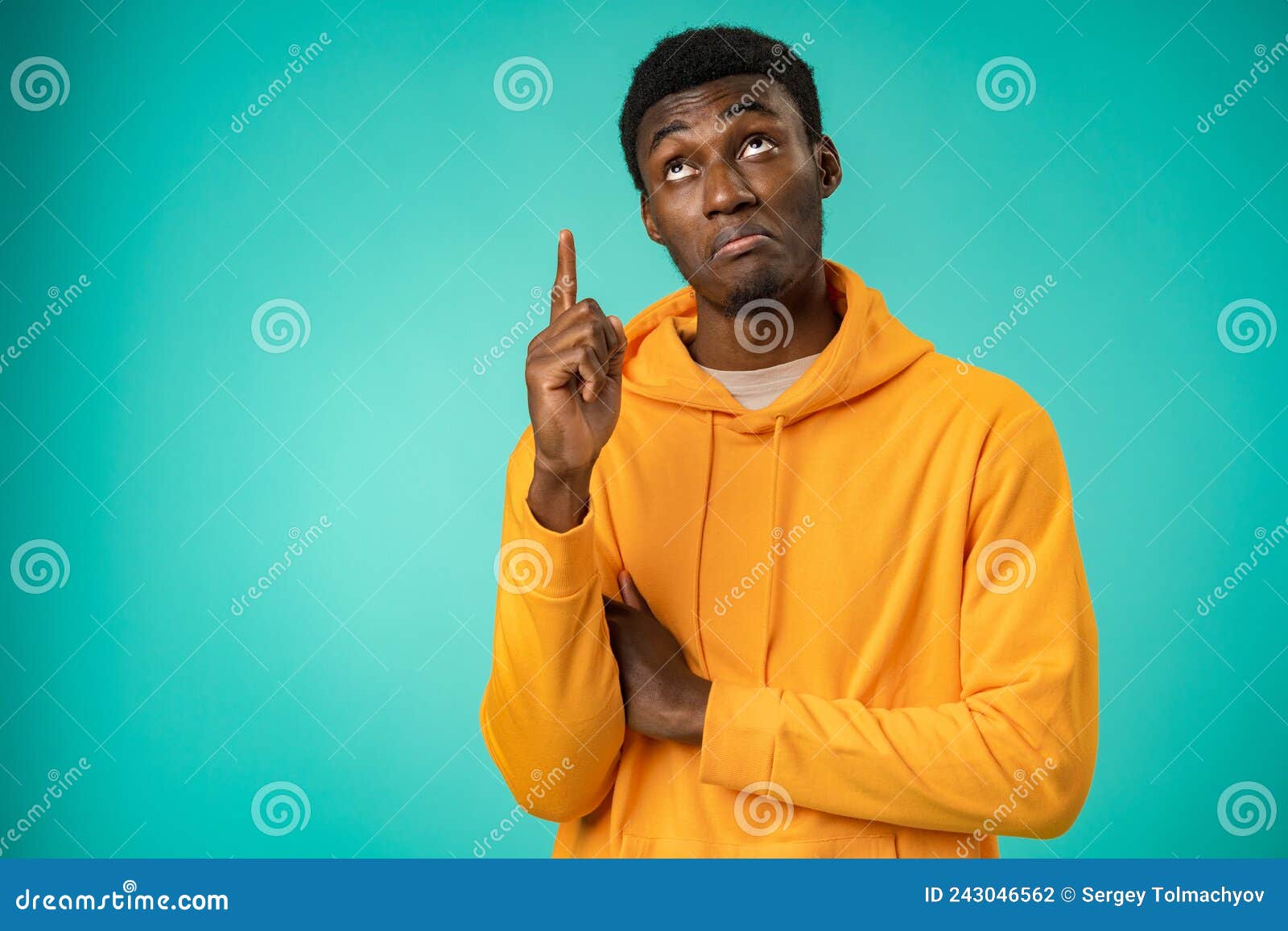 Happy African American Man Pointing Finger at Copy Space Stock Photo ...