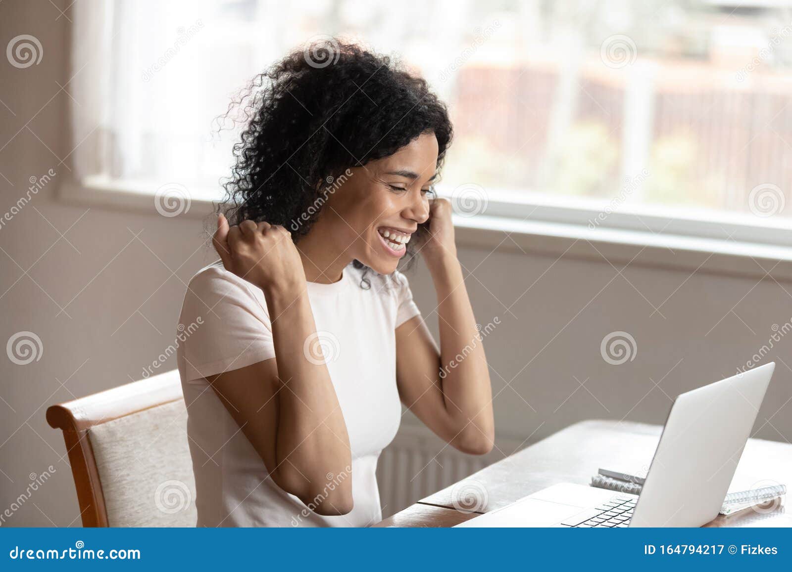 Happy African American Woman Triumph Get Good News Online Stock Image
