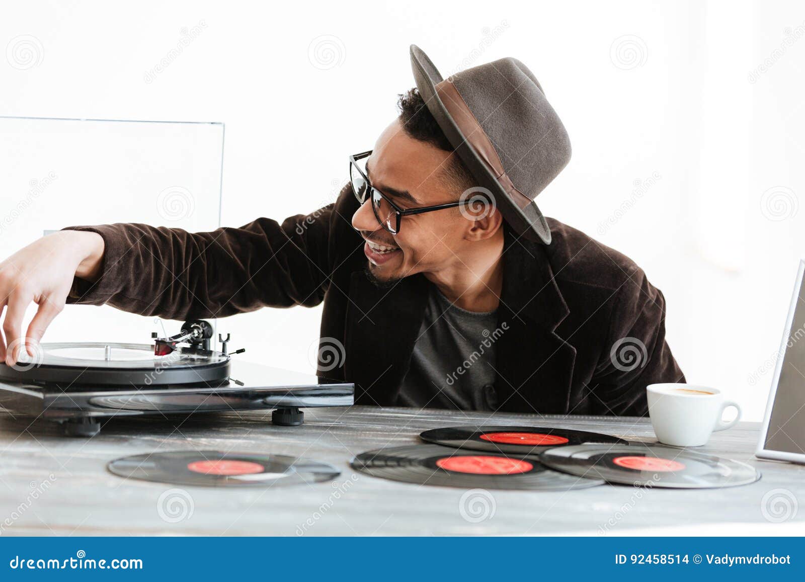 Happy African Man Using Record-player Stock Photo - Image of business ...