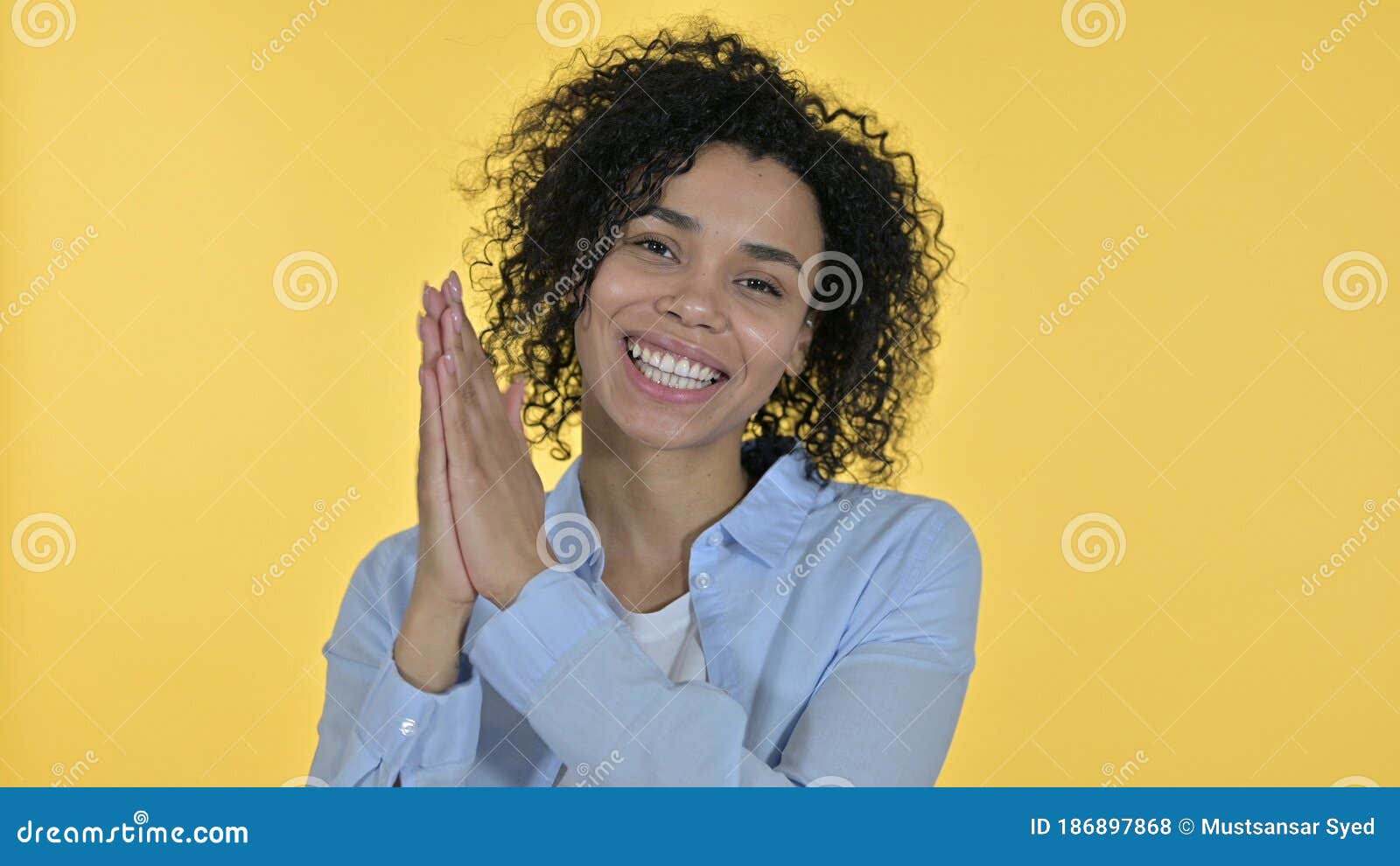 Happy African Woman Clapping, Yellow Background Stock Photo - Image of ...