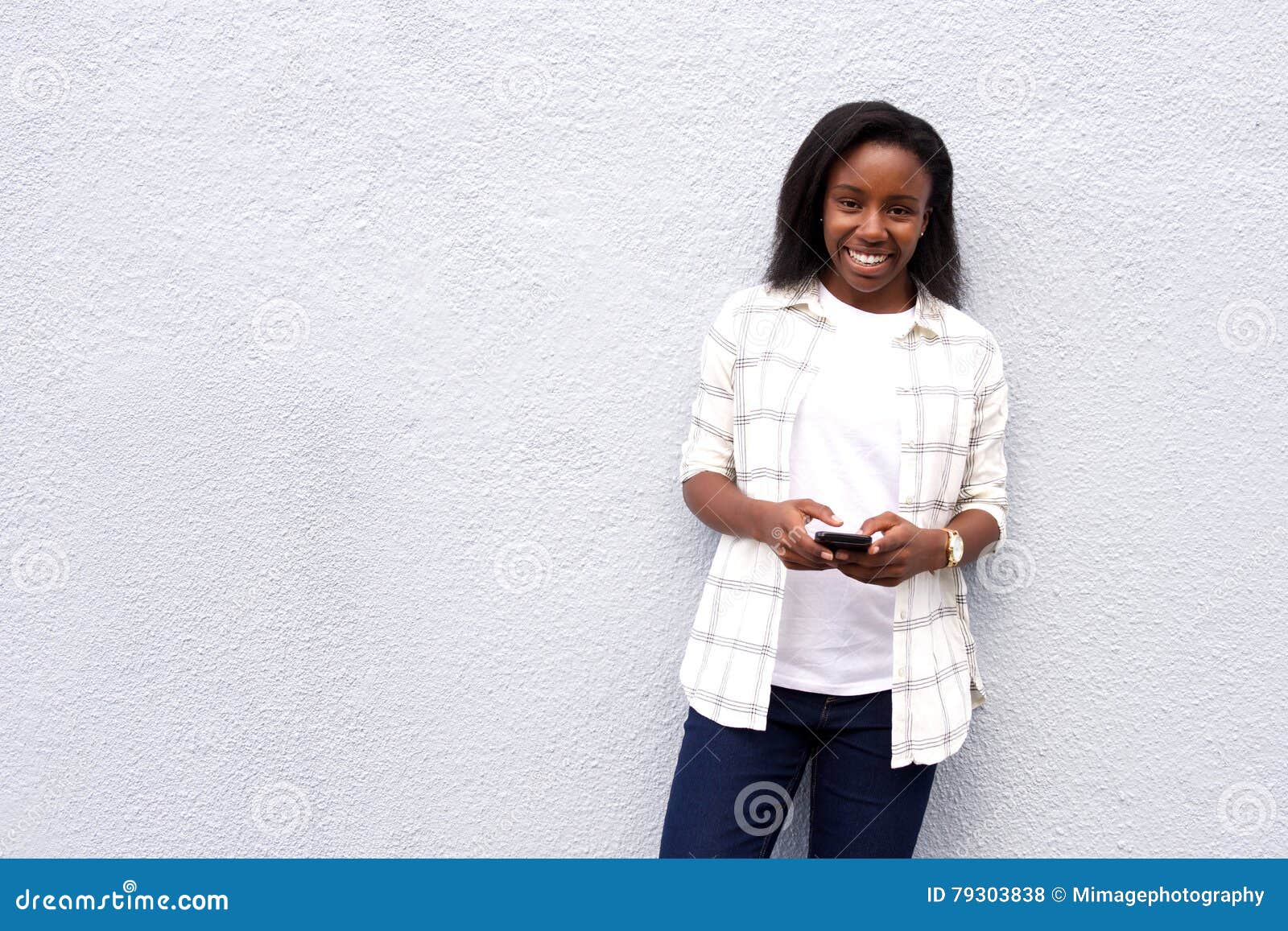 Happy African Woman Using Mobile Stock Photo - Image of cheerful ...