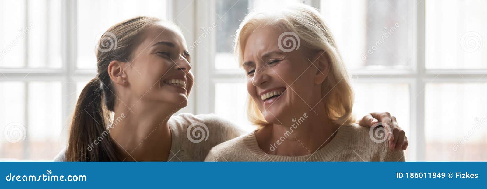 Happy Aged Mother Her Adult Daughter Spending Time Together Stock Image