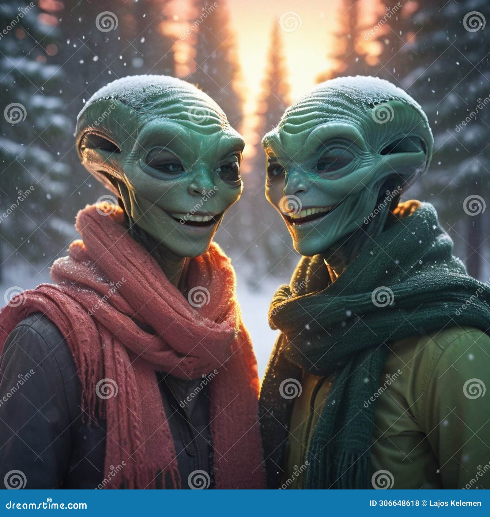 Happy Aliens Wearing Winter Clothes, Snowy Background Stock ...
