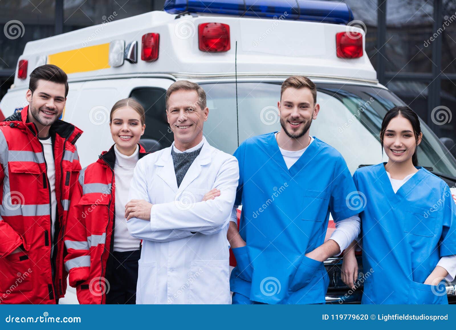 Happy Ambulance Doctors Working Team Standing in Front Stock Photo ...