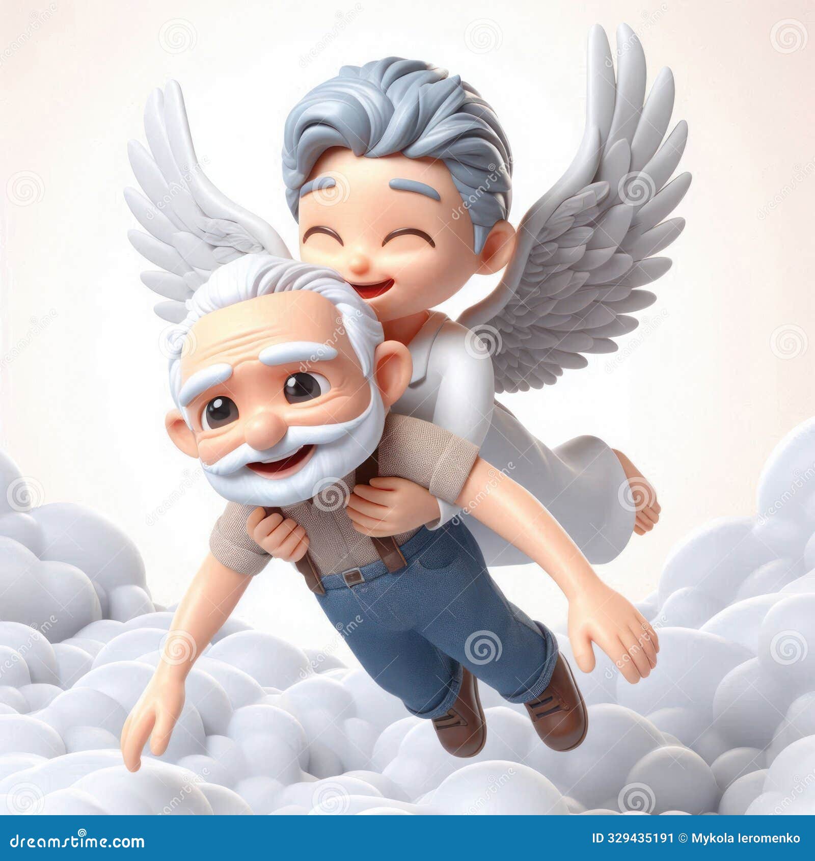 Happy Angel Flying Above the Clouds with an Old Man. Stock Illustration ...