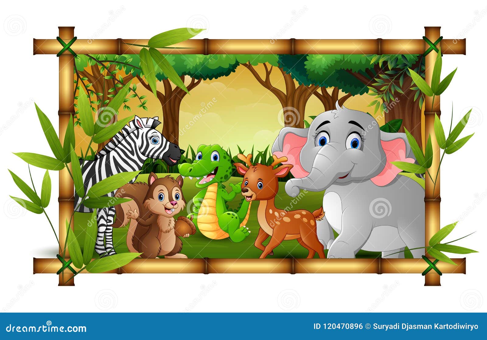 Happy Animals in Bsmboo Frame Forest Stock Vector - Illustration of ...