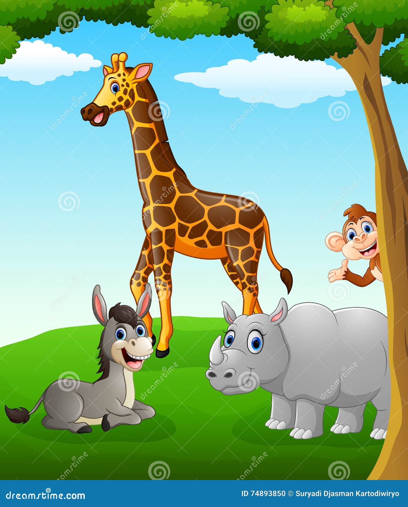 Happy Animals Cartoon on the Field Stock Vector - Illustration of smile ...