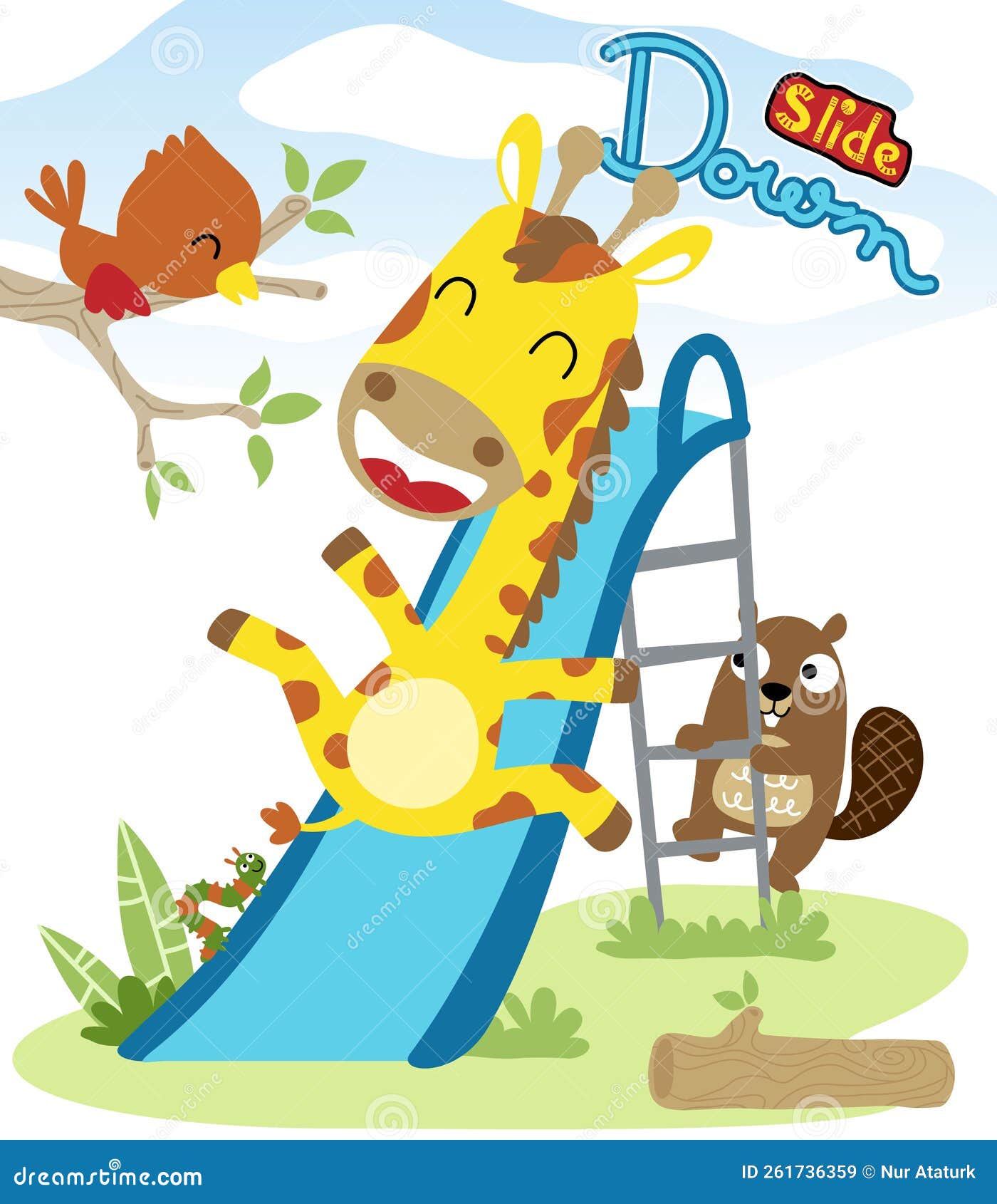 Happy Animals Cartoon Playing Slide Down Stock Vector - Illustration of ...