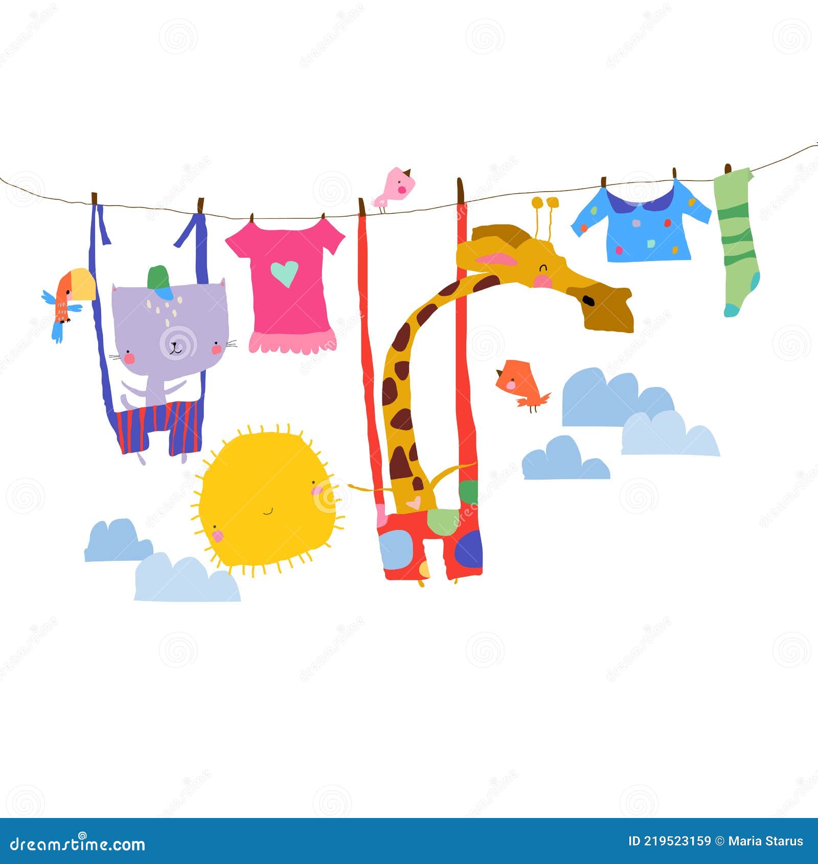 Happy Animals Swinging on Clothesline in the Sky Stock Vector ...